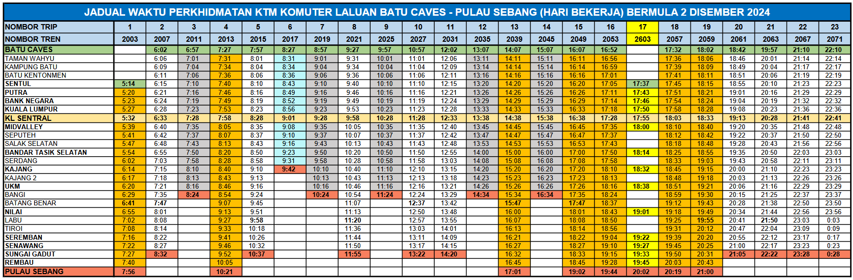 KTM Batu Caves Schedule Komuter to Tampin, KL, TBS Early Morning Times