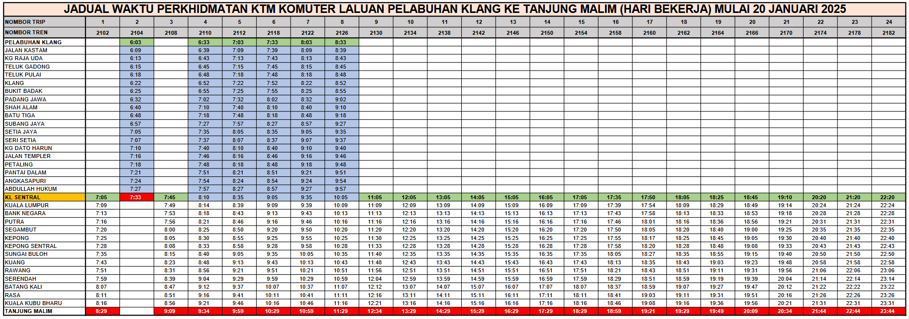 KTM Pelabuhan Klang Route Komuter Train Timetable Jadual 2025