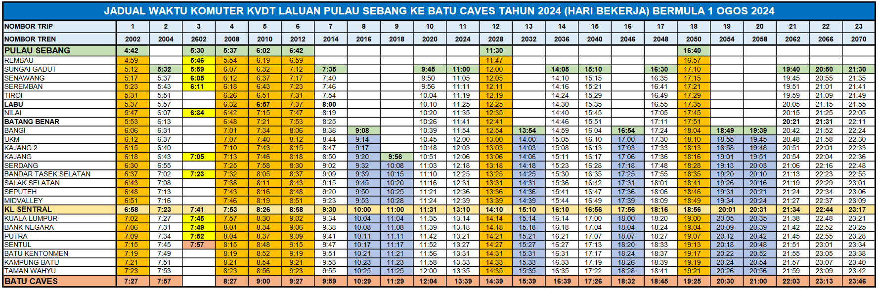 KTM Komuter Tampin Batu Caves Route Timetable Jadual Pulau Sebang 2024