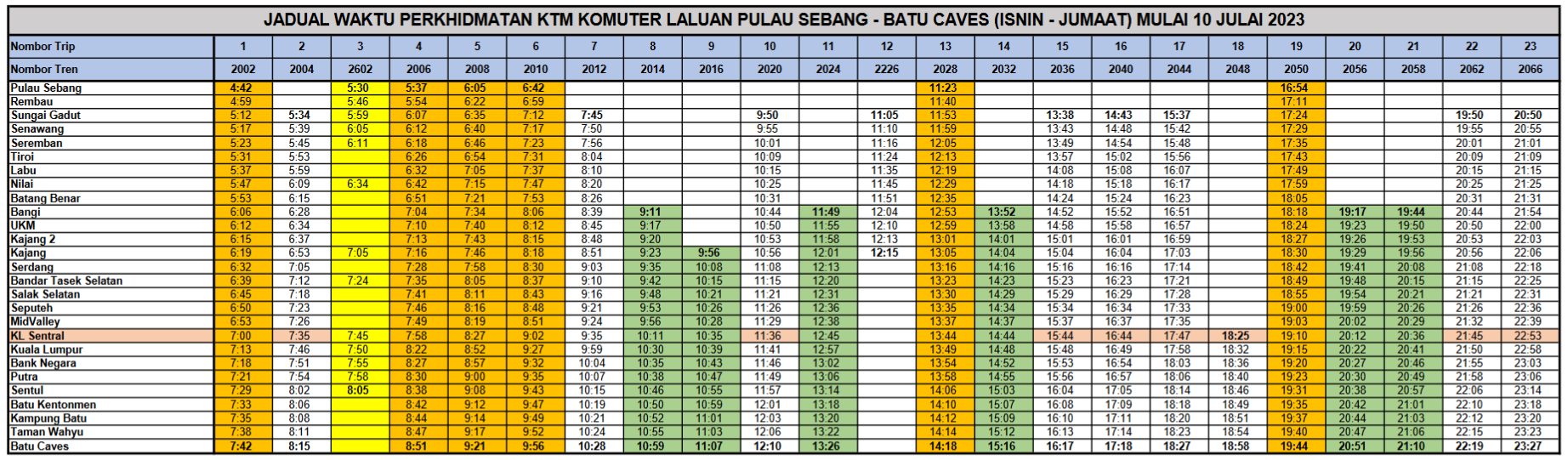 KTM Komuter Tampin Batu Caves Route Timetable Jadual Pulau Sebang 2023